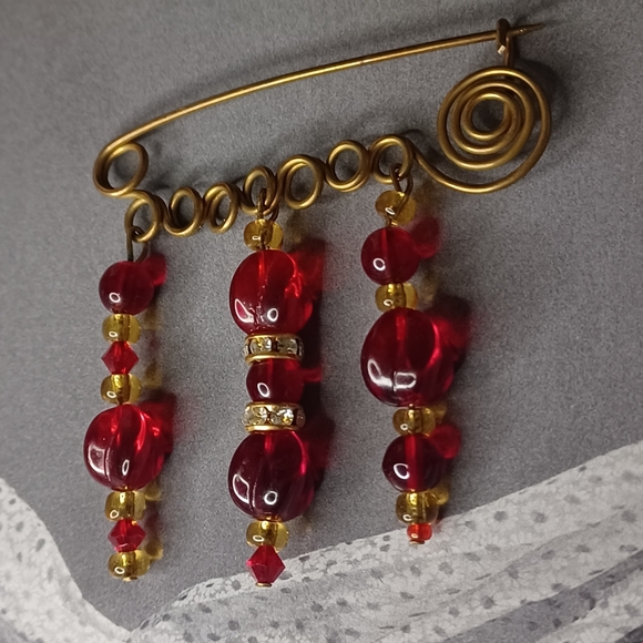 Artisan | Jewelry | Vintage Handmade Brass Wire And Red Glass Beads Pin ...